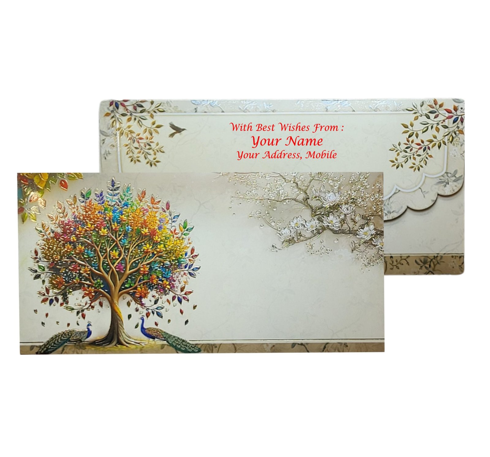 Elegant Shagun Envelope with Vibrant Tree & Peacock Design