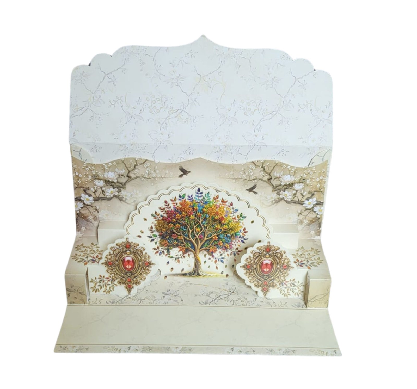 Elegant Shagun Envelope with Vibrant Tree & Peacock Design